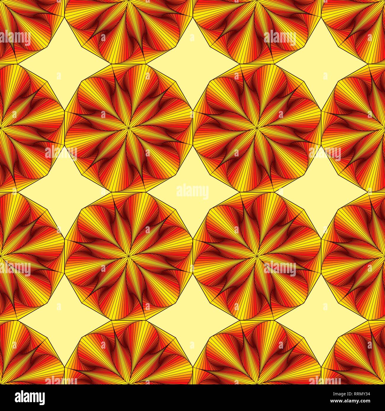 Ornamental seamless pattern with pseudo 3D visual effect in yellow, red ...