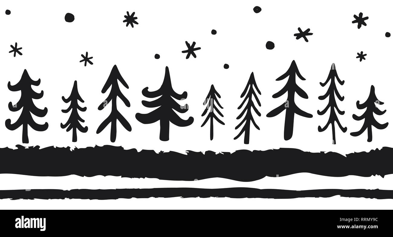 Vector hand-drawn seamless pattern with doodle pine trees. Christmas ...
