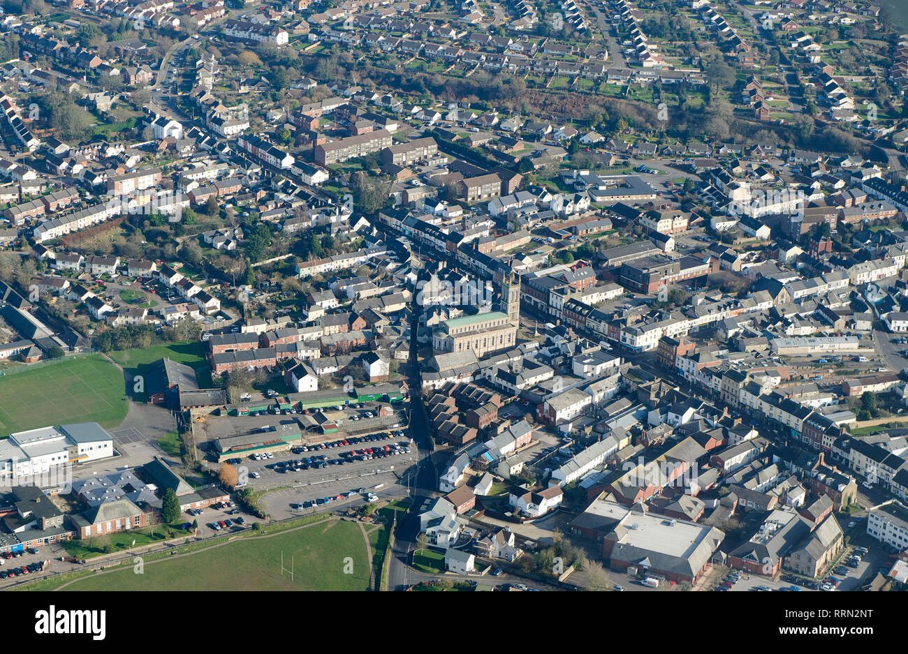 An aerial view of Honiton Town Centre, Devon, South West England, UK ...