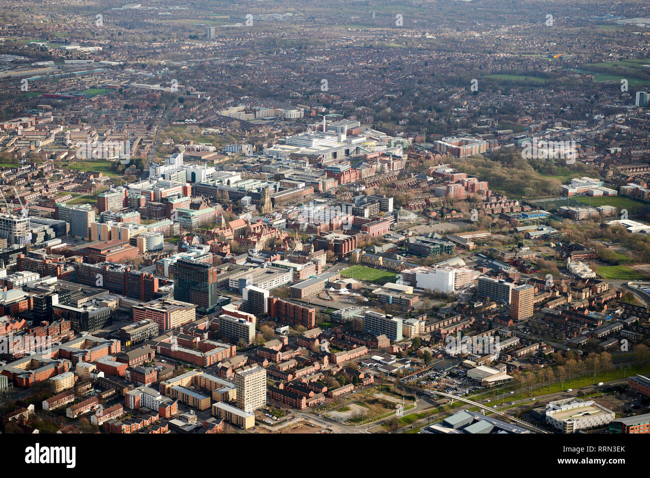 An aerial view of Manchester University, Spring 2018, North West ...