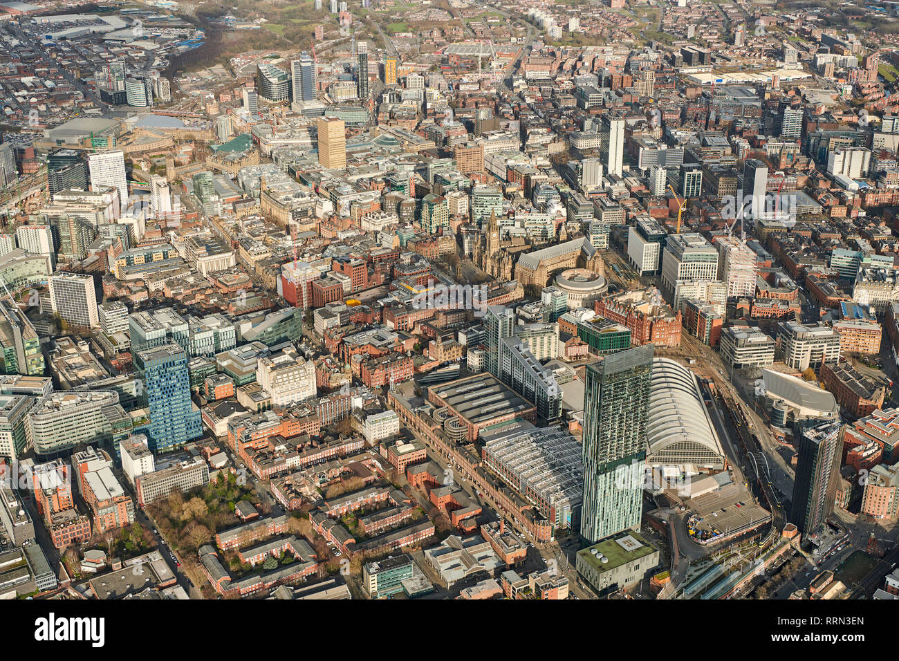 An aerial view of Manchester City Centre, Spring 2018, North West ...