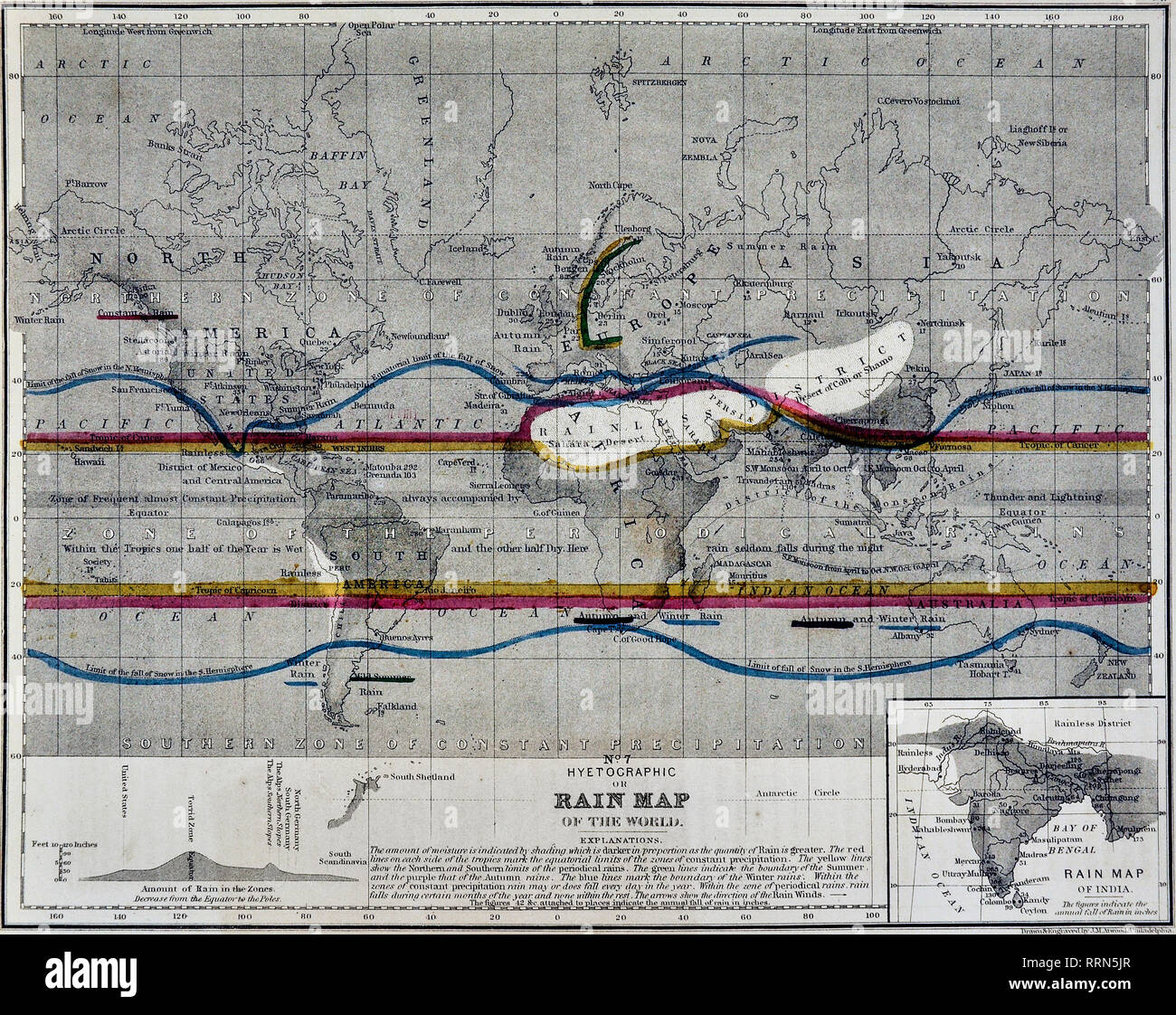1868 Mitchell World Meteorological Weather Map showing Hyetographic ...