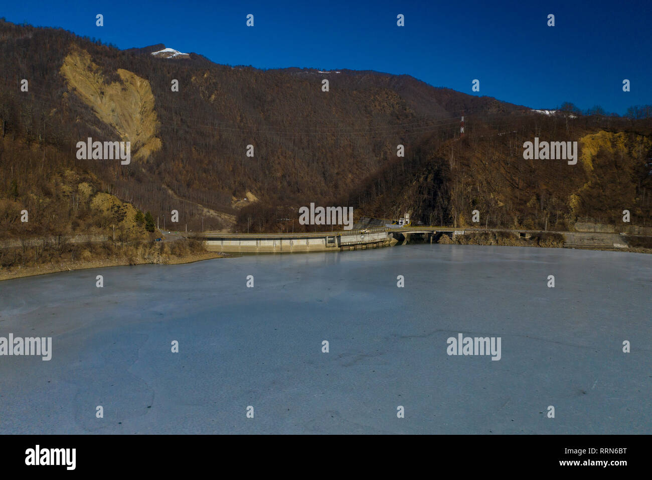 Aerial view of frozen river with dam. Beautiful winter landscape Stock ...