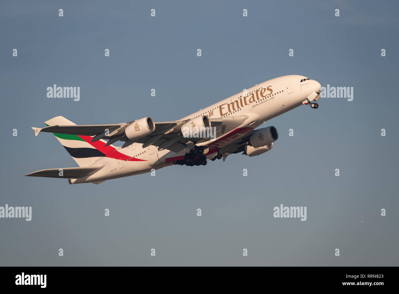 Emirates airline Airbus A380 jet airliner plane A6-EUA taking off from ...
