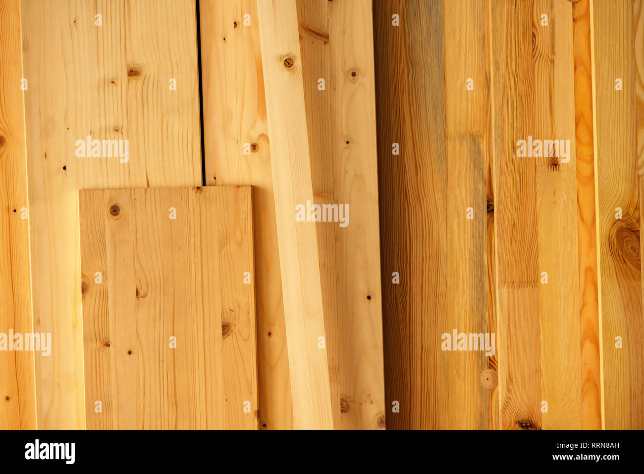 Pine wood floorboard planks in workshop ready to be used for hardwood ...