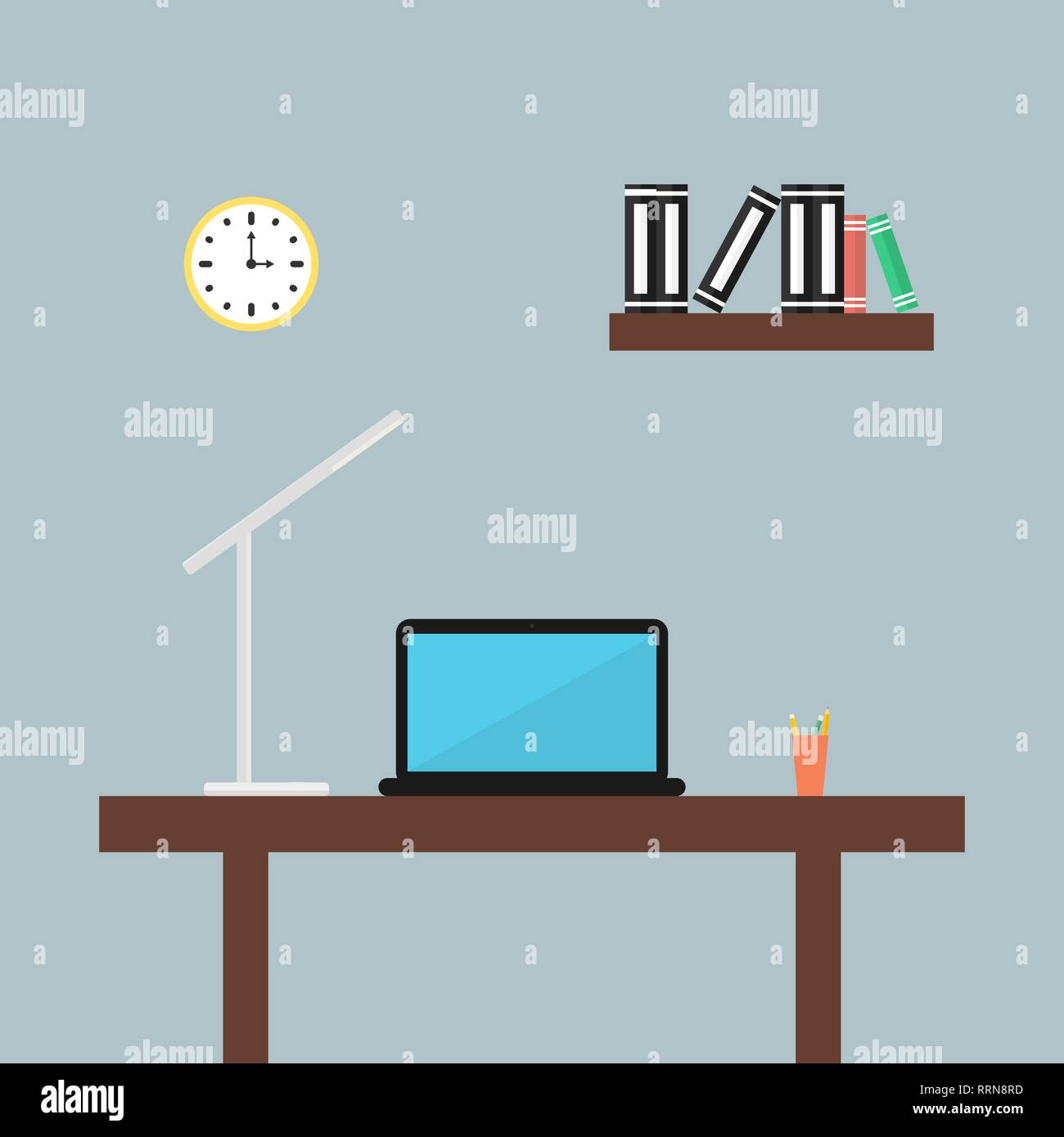 A desktop with a laptop and a desk lamp in the office Stock Vector ...