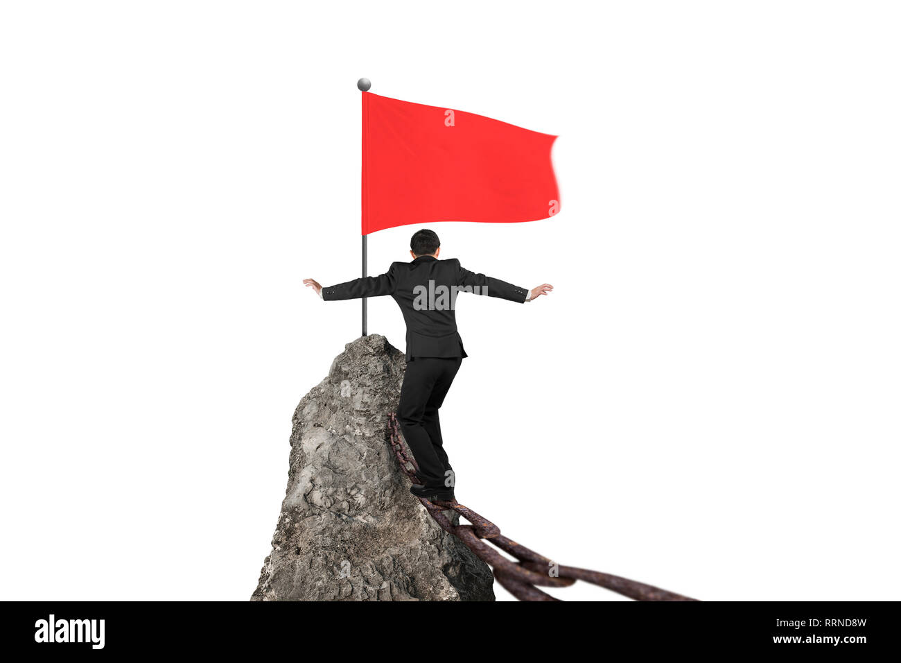 Businessman walking and balancing on rusty chain for wavy red flag on ...
