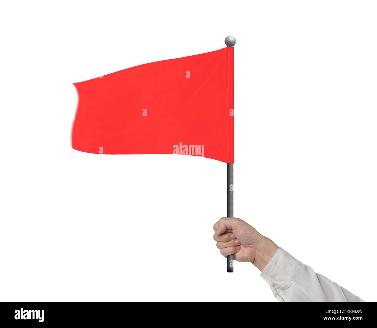 Man hand holding wavy red flag isolated in white background Stock Photo ...