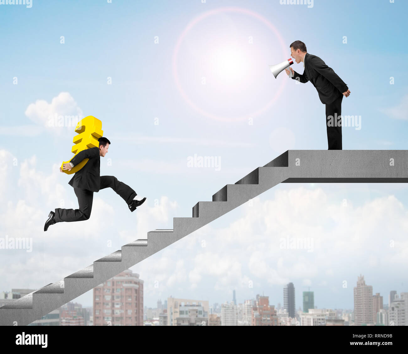 Leader, boss holding speaker shouting at employee carrying Euro running ...