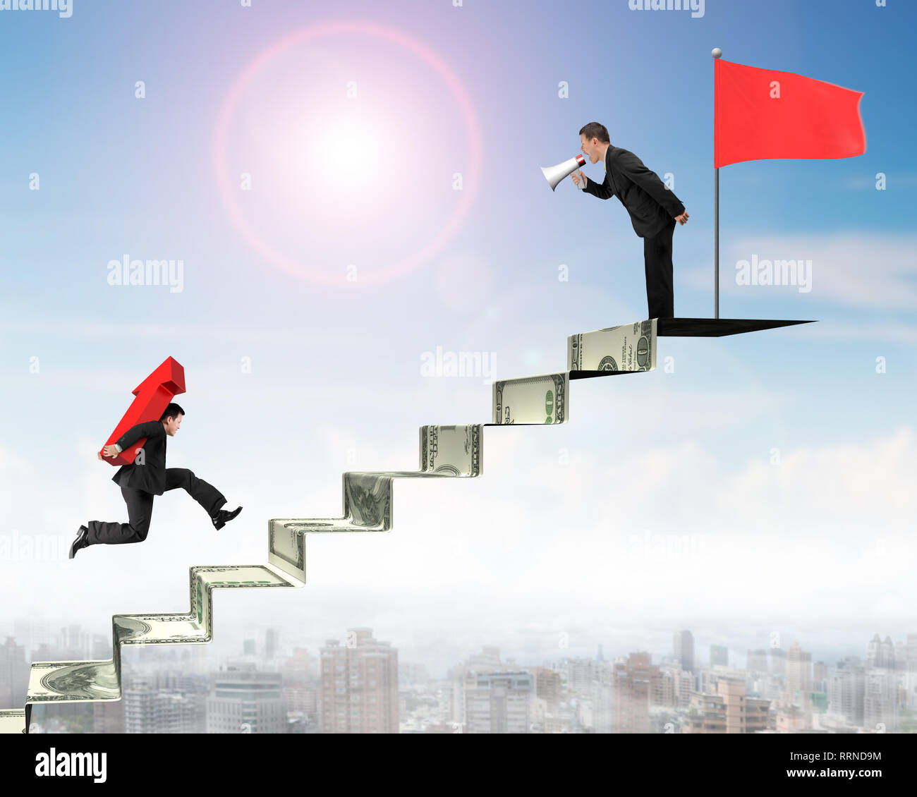 Leader, boss holding speaker shouting at businessman carrying red arrow ...