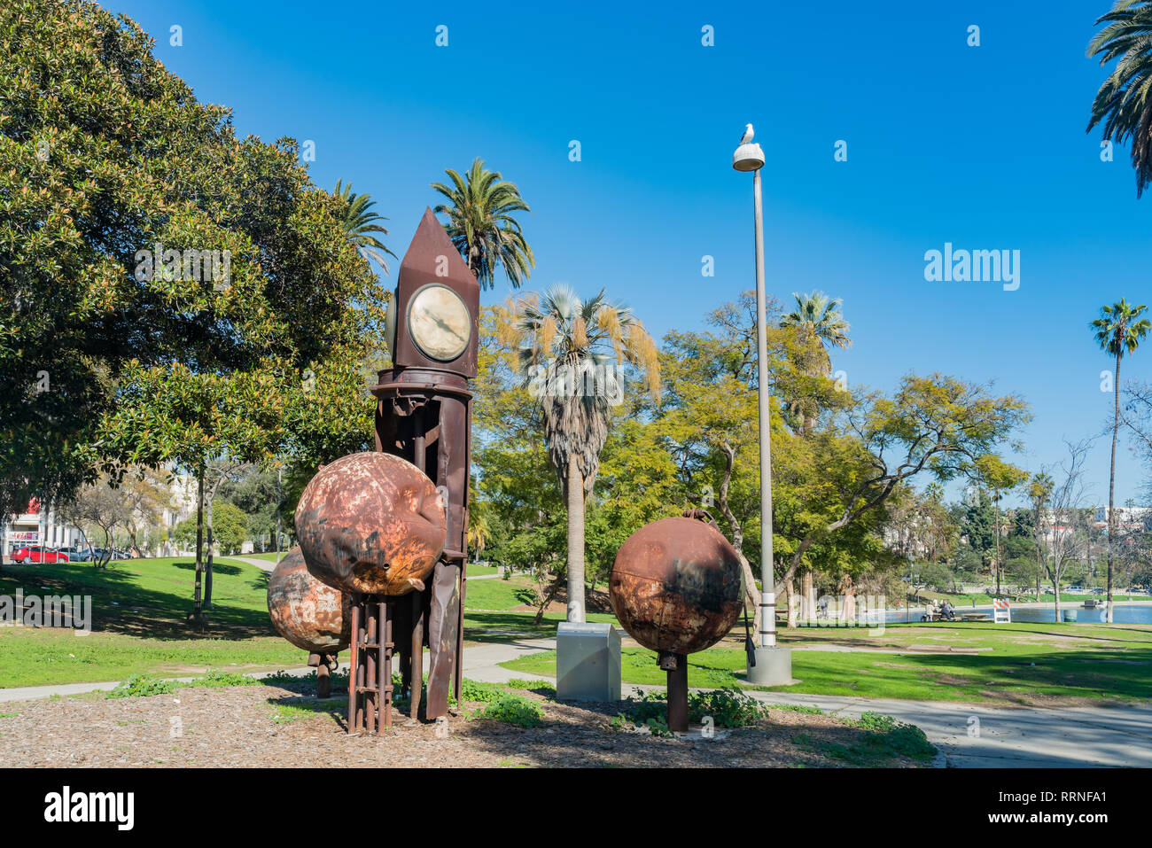 Clock tower of MacArthur Park Lake at Los Angeles, California Stock ...