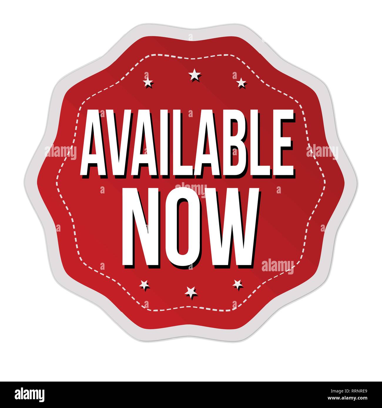 Available now label or sticker on white background, vector illustration ...
