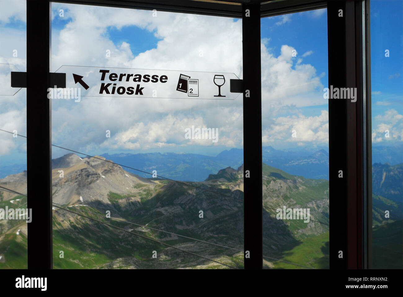 View of Swiss Bernese Alps from the window at the top of the Schilthorn ...