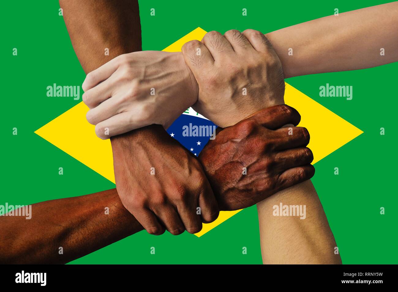 brazil flag, intergration of a multicultural group of young people ...
