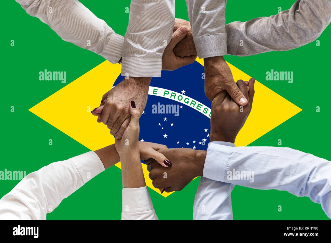 brazil flag, intergration of a multicultural group of young people ...