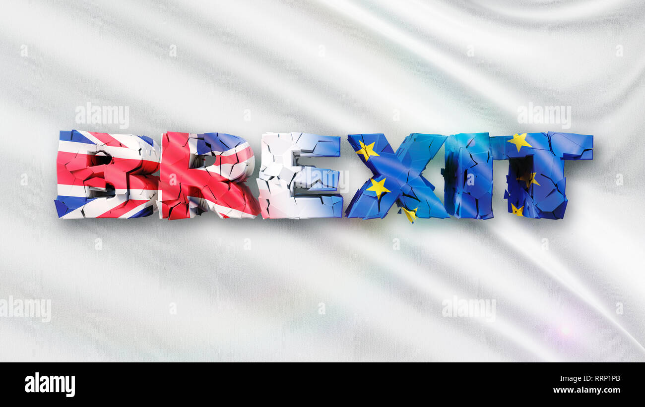 3D illustration of cracked Brexit concept with white flag and 3d text ...