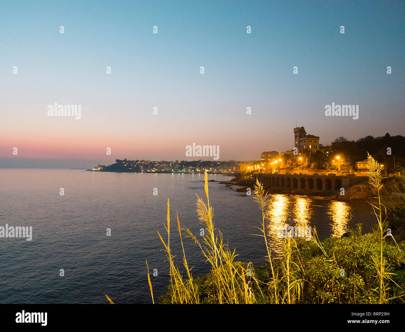 view of the Ligurian sea, calm and at night, Quarto dei Mille area, one ...
