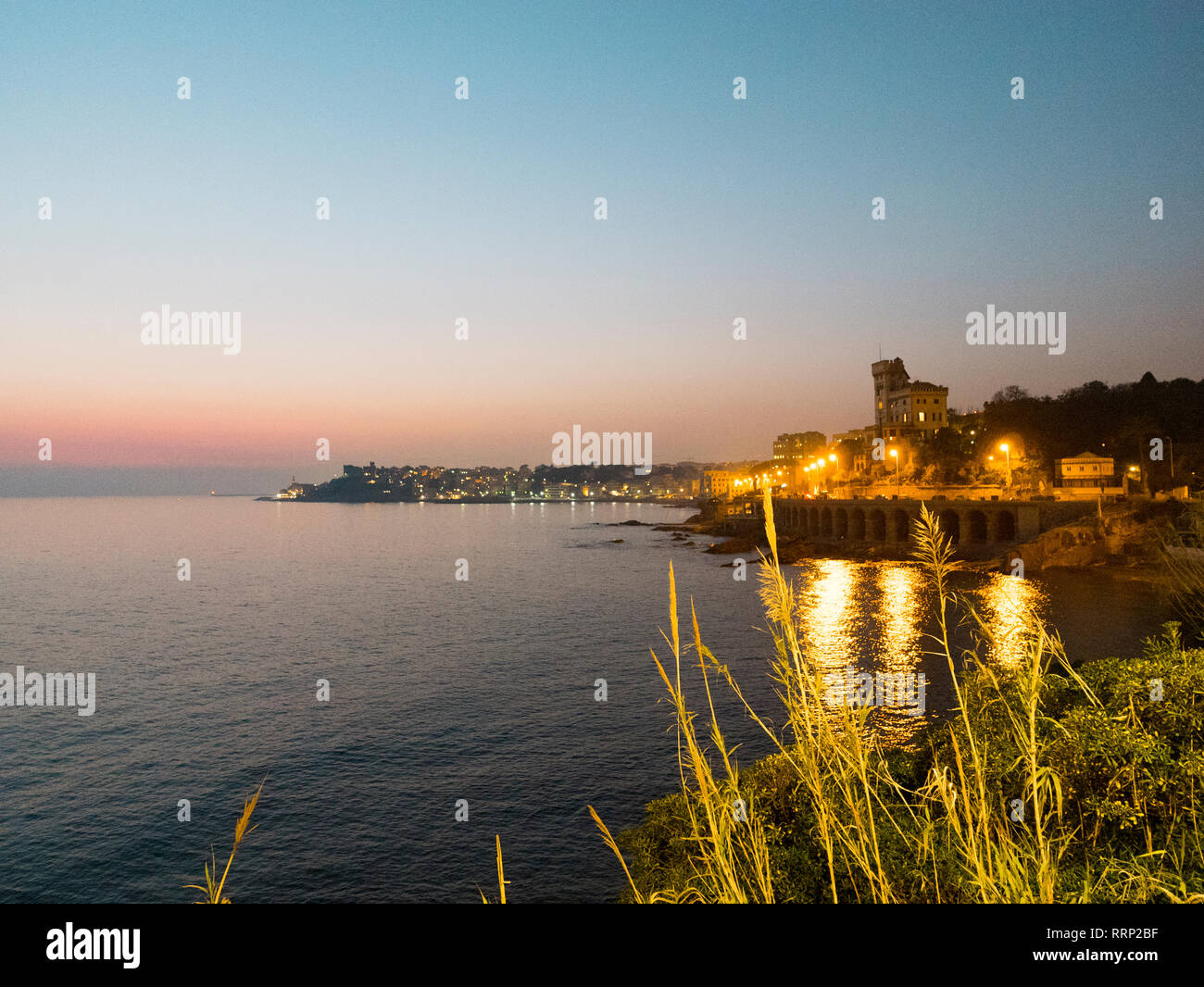 view of the Ligurian sea, calm and at night, Quarto dei Mille area, one ...
