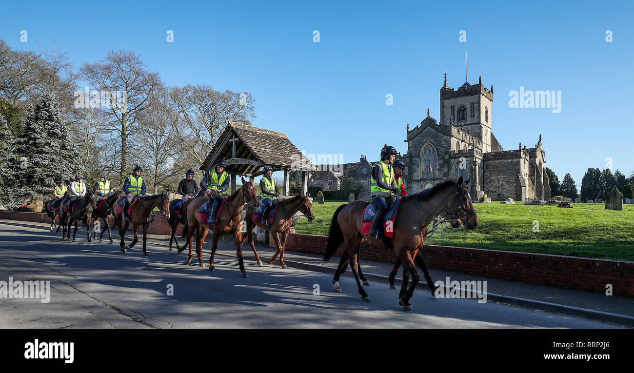 Horses from Paul Nicholls yard walk past the church in Ditcheat during ...