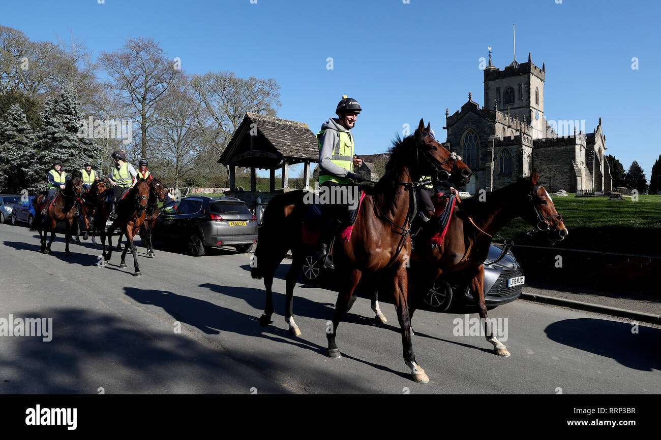Horses from Paul Nicholls yard walk past the church in Ditcheat during ...
