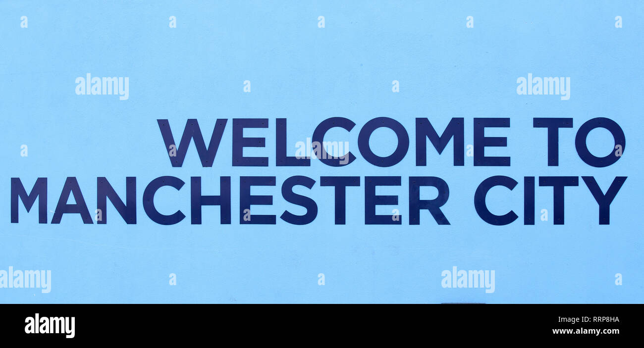 Welcome to Manchester City sign on a wall at The Etihad Stadium ...