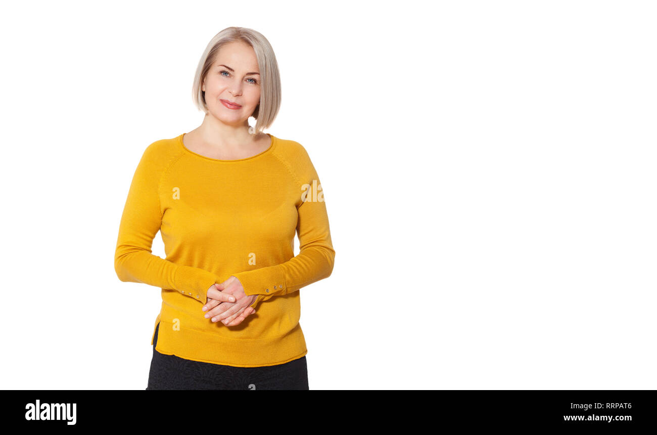 Attractive Middle Aged Woman Smiles emotionally posing in studio on white background Stock Photo ...