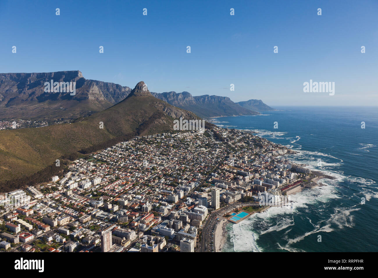 Aerial view of Cape town South Africa from a helicopter. Panorama birds ...