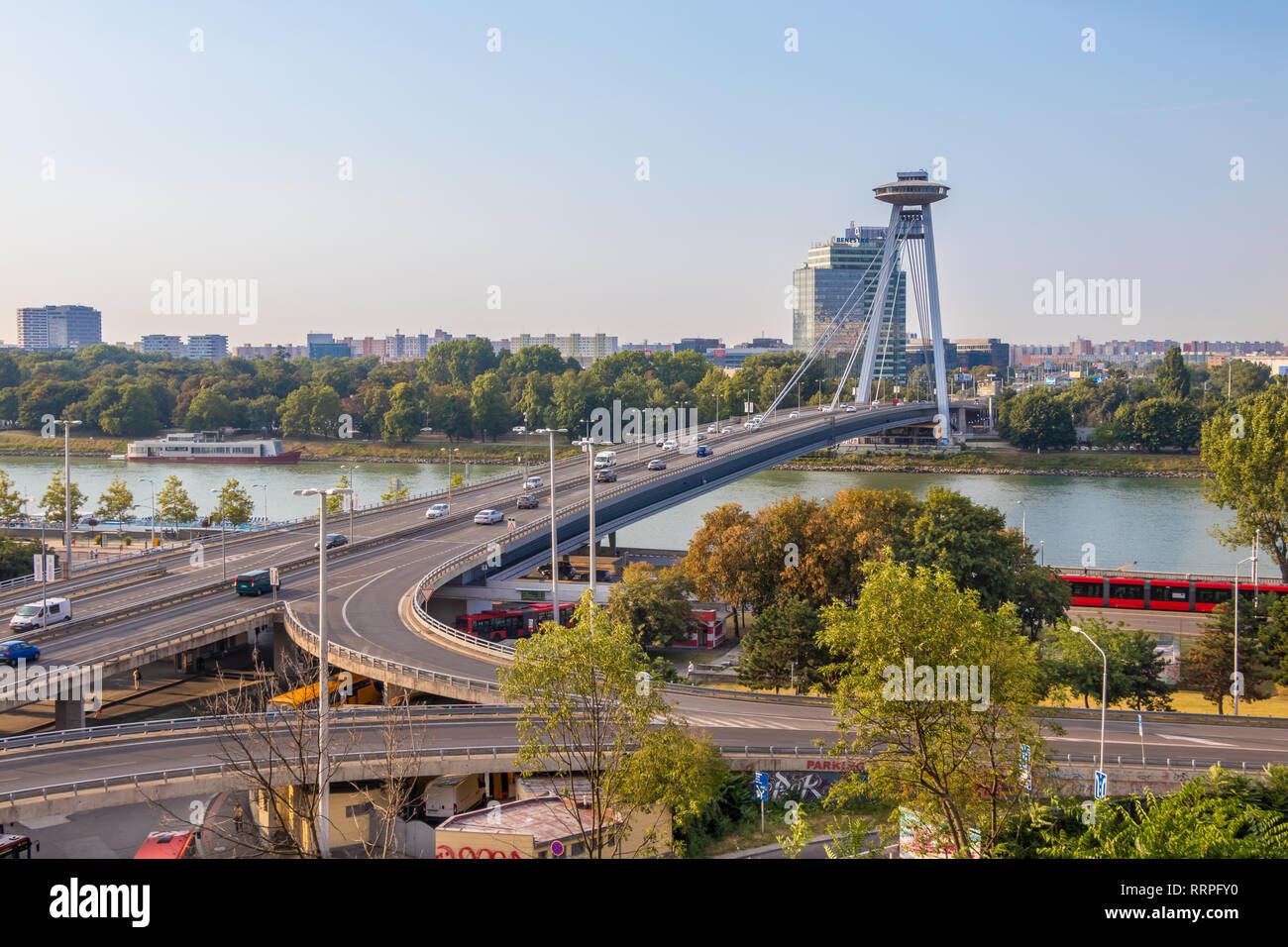 Morning traffic on the SNP bridge in the center of Bratislava, the ...