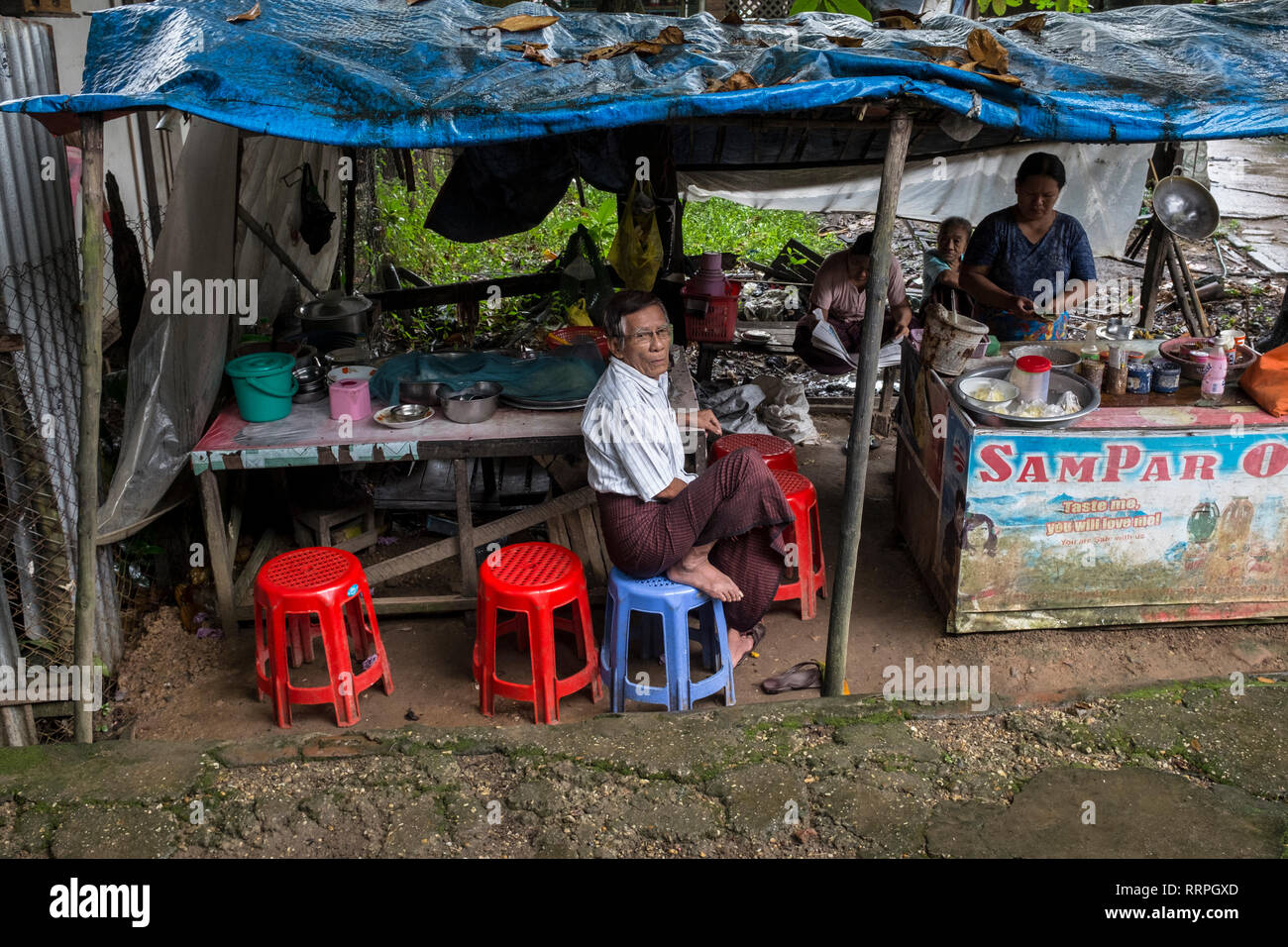 Yangon, Myanmar - 20 September 2016: Street food stall as seen from ...
