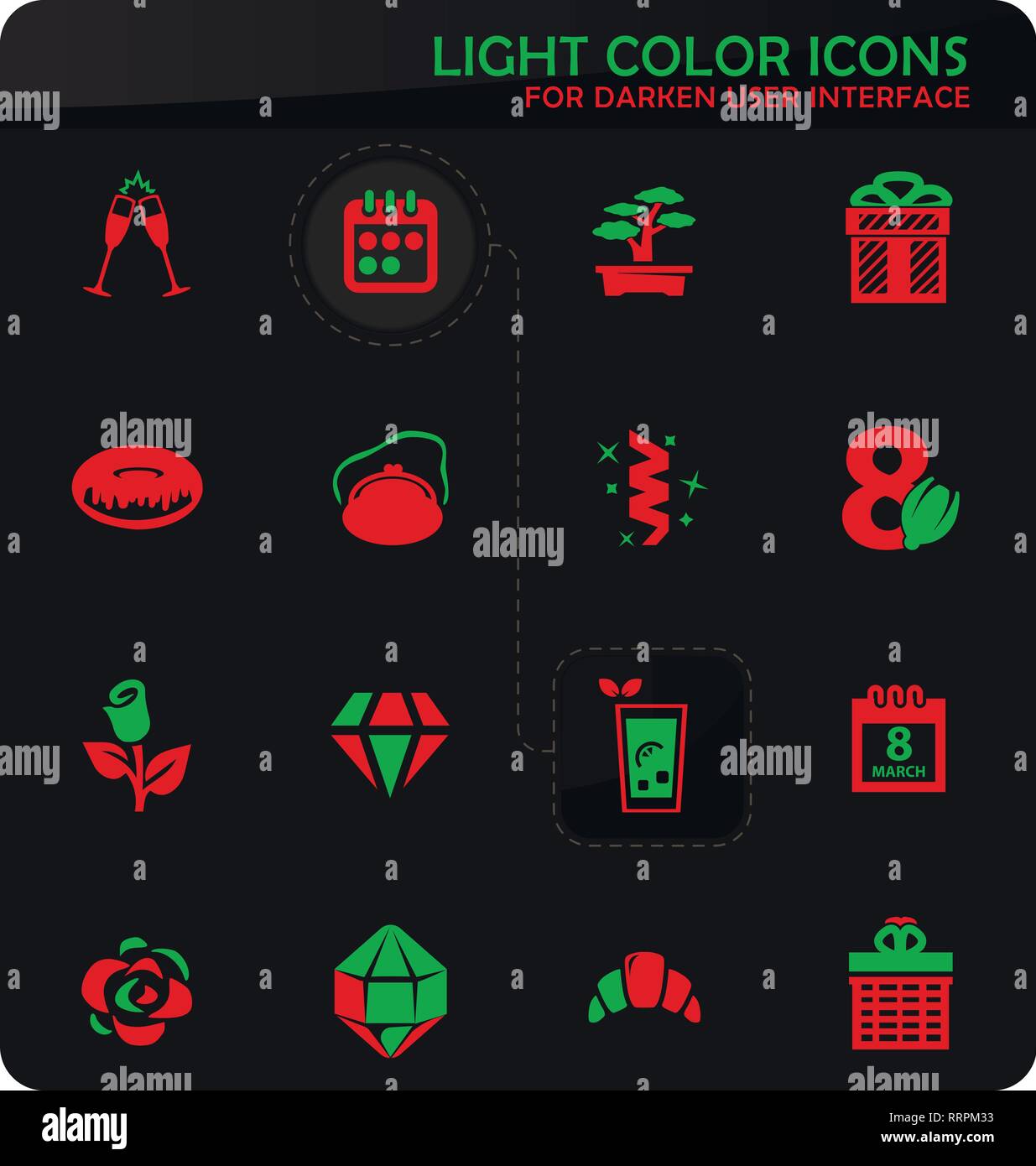 8 March easy color vector icons on darken background for user interface ...