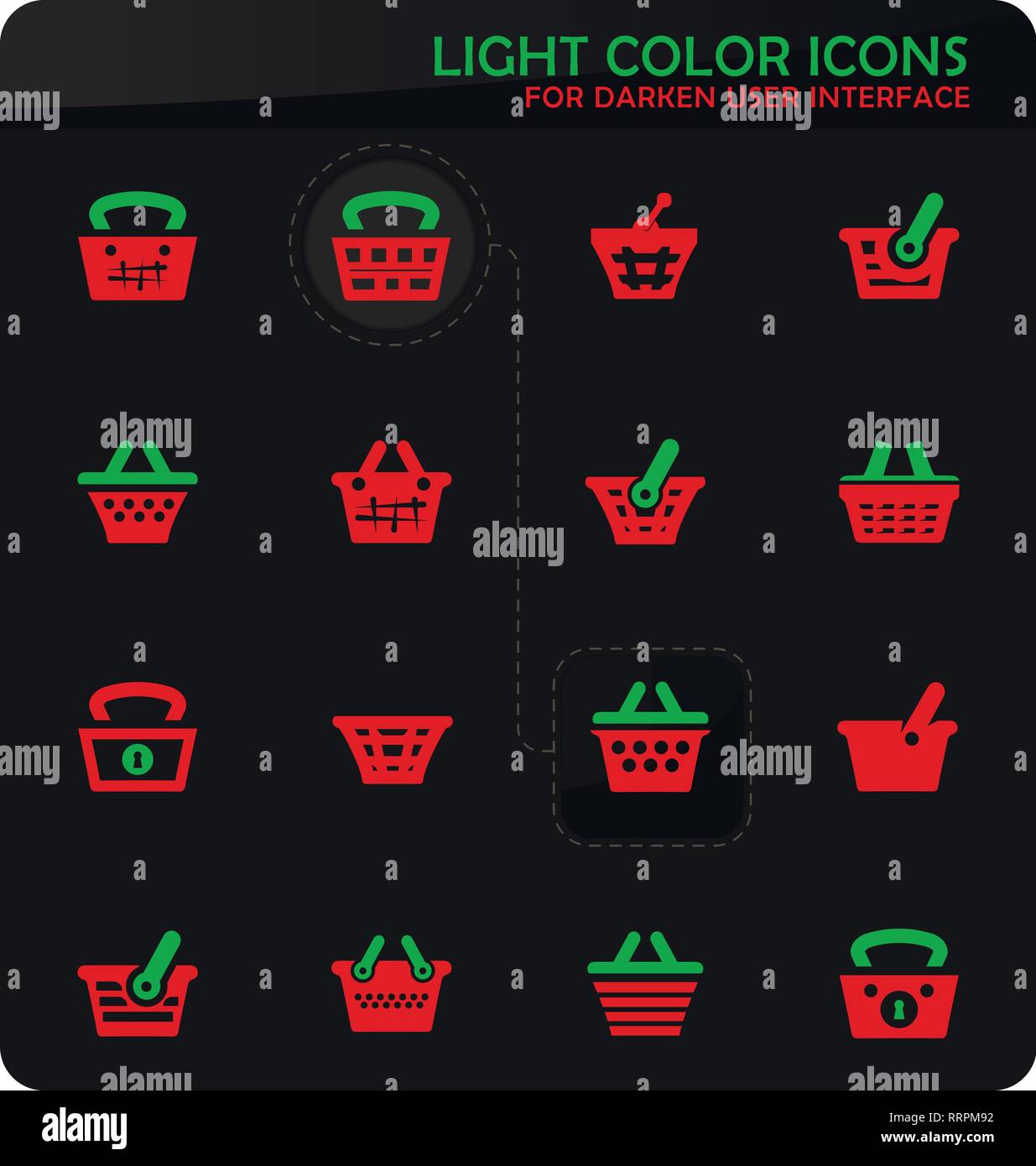 Basket easy color vector icons on darken background for user interface ...