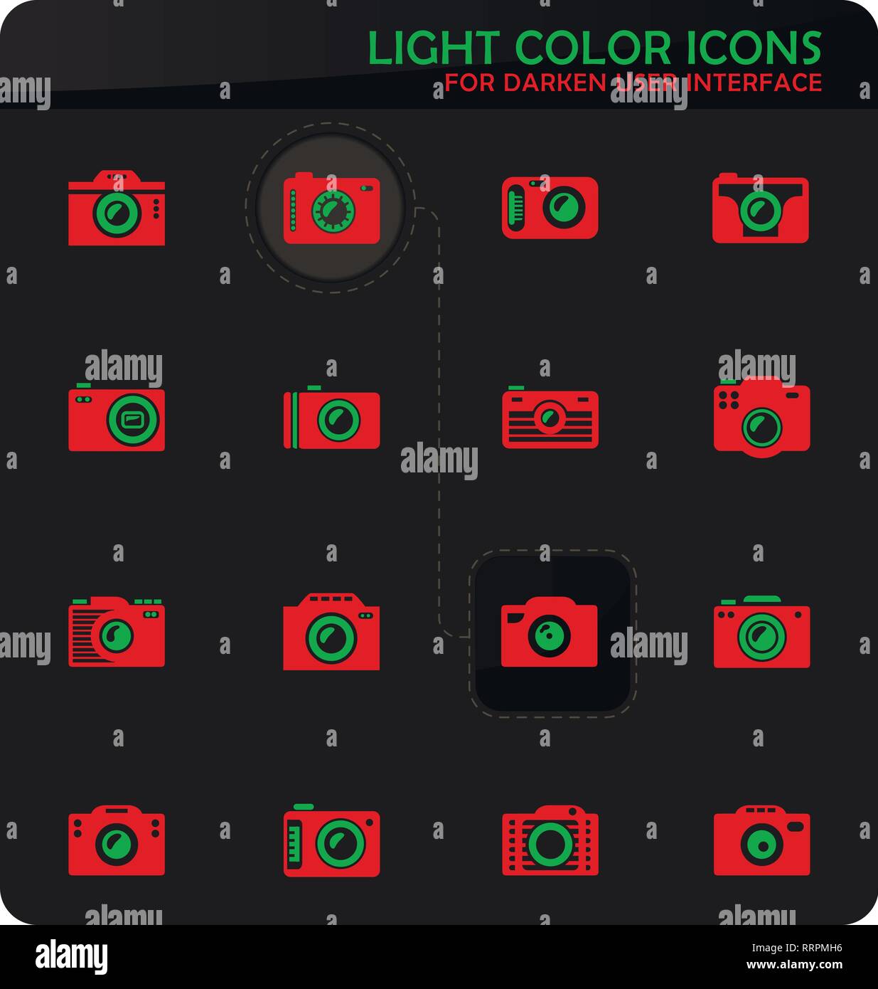 photo camera easy color vector icons on darken background for user ...