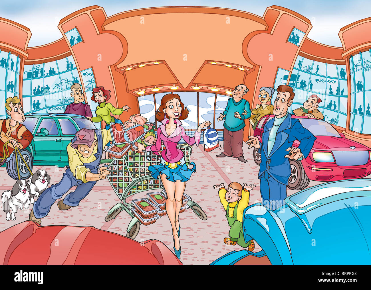 Woman cartoon basket in supermarket hi-res stock photography and images ...