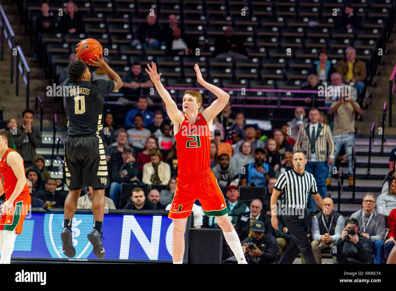 Winston-Salem, NC, USA. 26th Feb, 2019. Wake Forest Demon Deacons guard Brandon Childress (0 ...