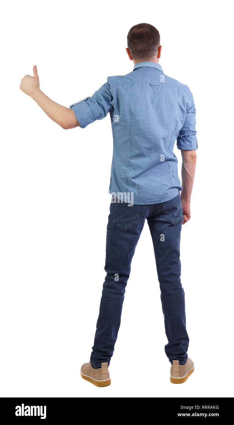 Back view of a man showing thumb up. Rear view people collection ...