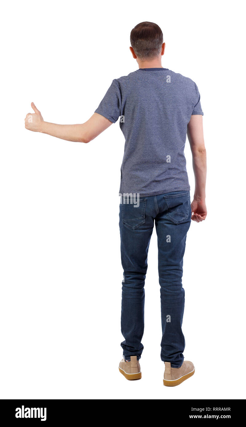 Back view of a man showing thumb up. Rear view people collection ...