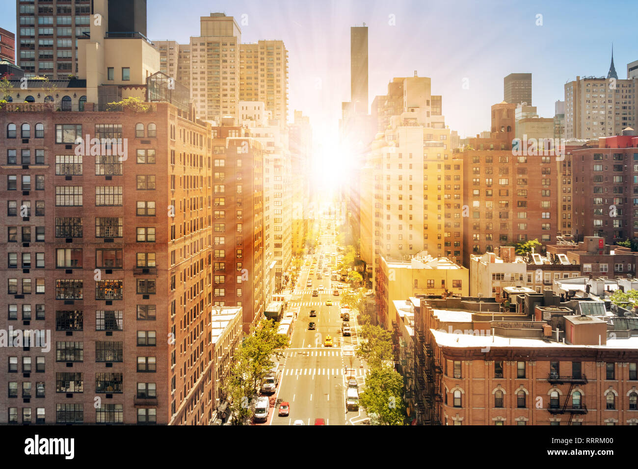 New York City overhead street view with sunlight shining on the streets ...