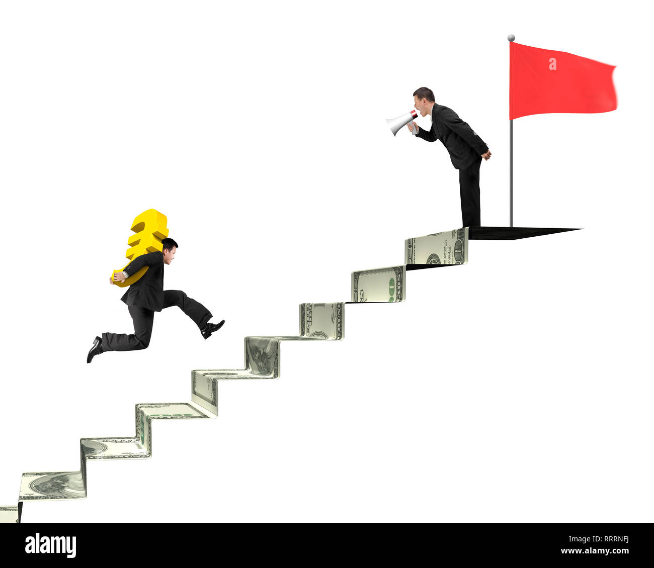 Leader, boss holding speaker shouting at businessman carrying gold Euro ...