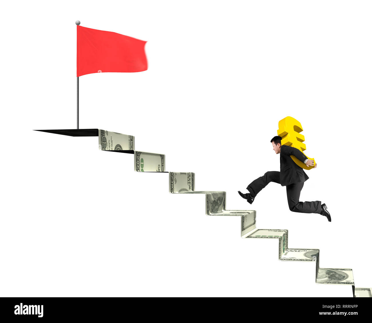 Businessman running and carrying gold Euro to red flag on money stairs ...