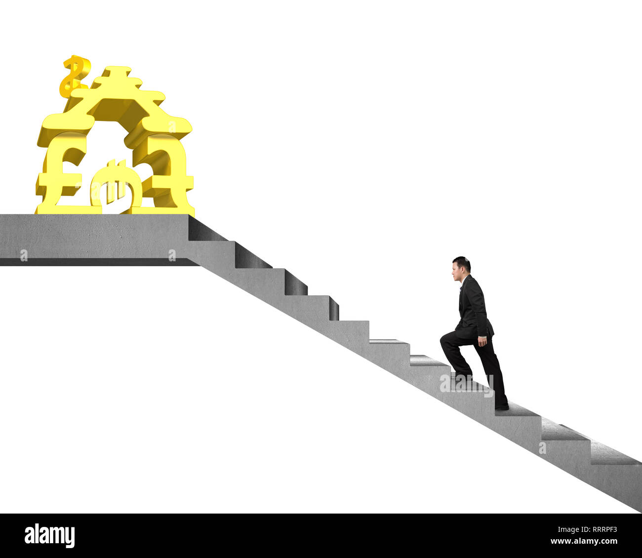 Businesspeople walking on concrete stairs to money stacking house ...