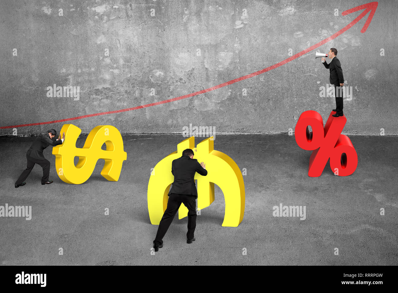 Leader on top of percentage 3D symbol shouting at team members for ...