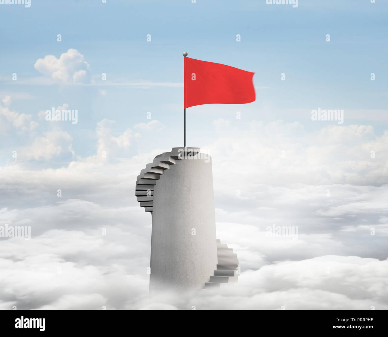 Red wavy flag on high tower top with spiral trail stairs, clouds, blue ...