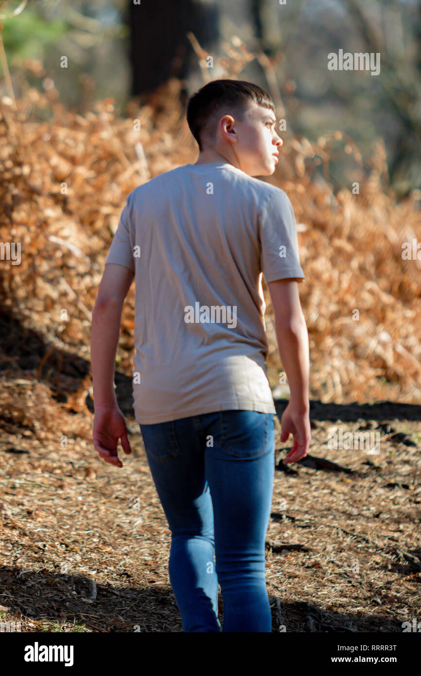 Teenage caucasian boy walking away through woodland on a warm spring ...
