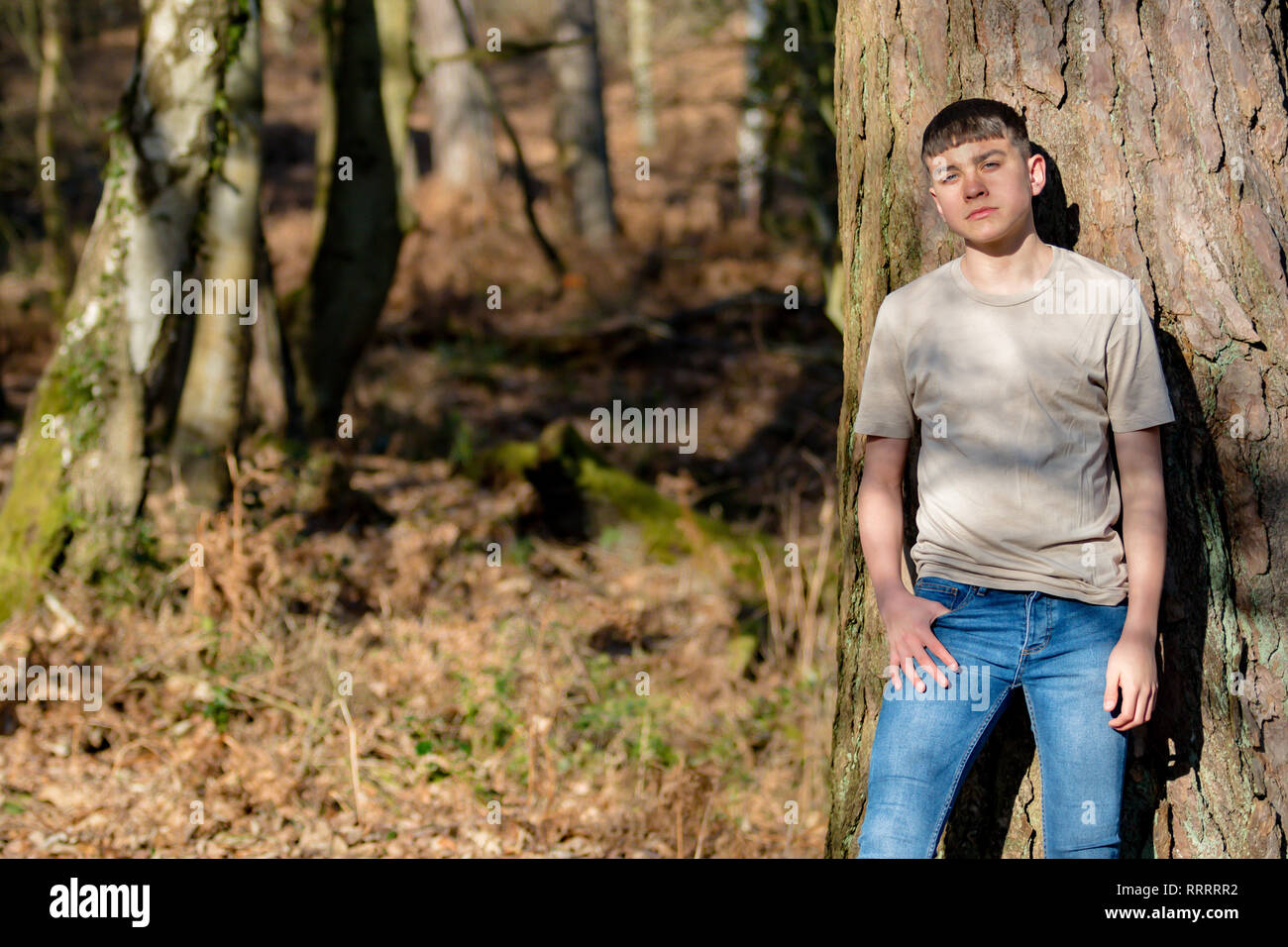 Portrait of a caucasian teenage boy leaning against a tree on a warm ...
