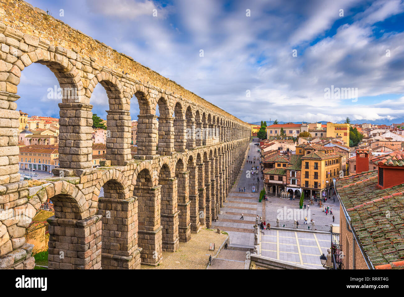 Segovia, Spain town skyline at the ancient Roman aqueduct Stock Photo ...