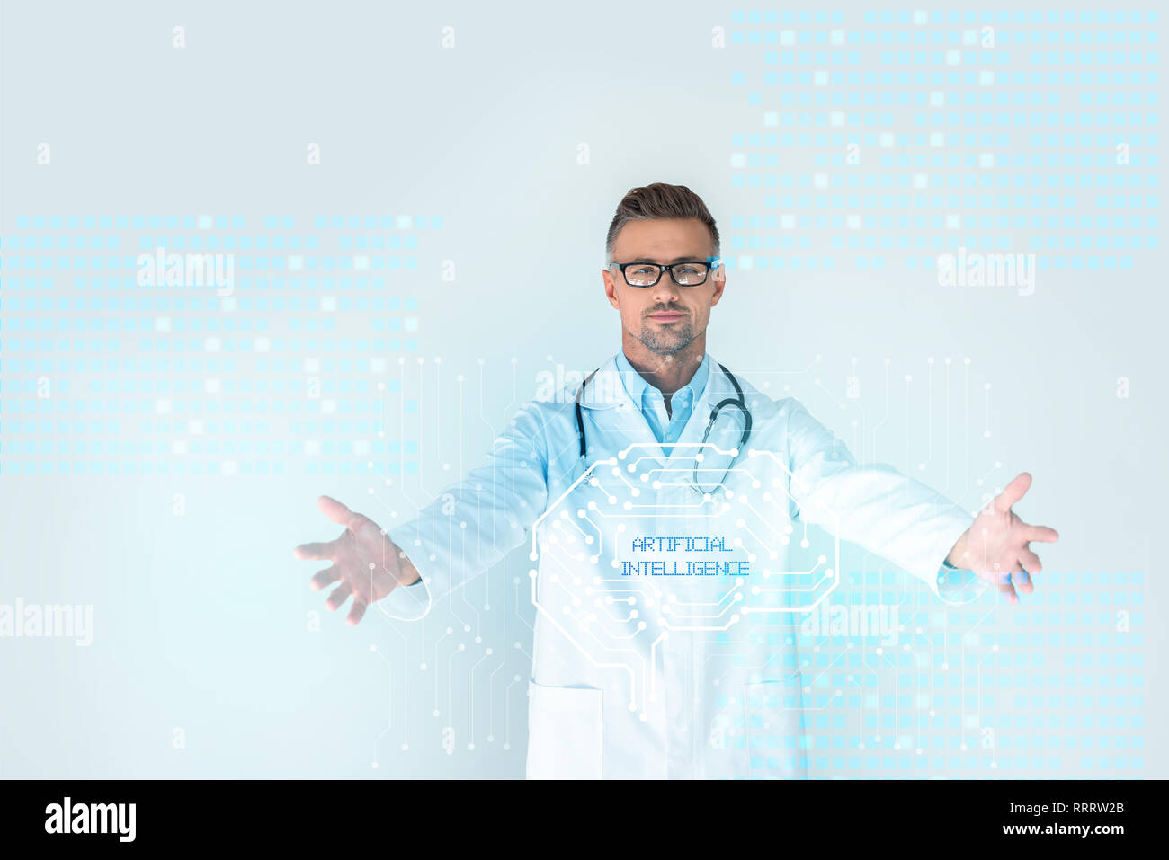 handsome doctor in glasses with stethoscope on shoulders standing with ...