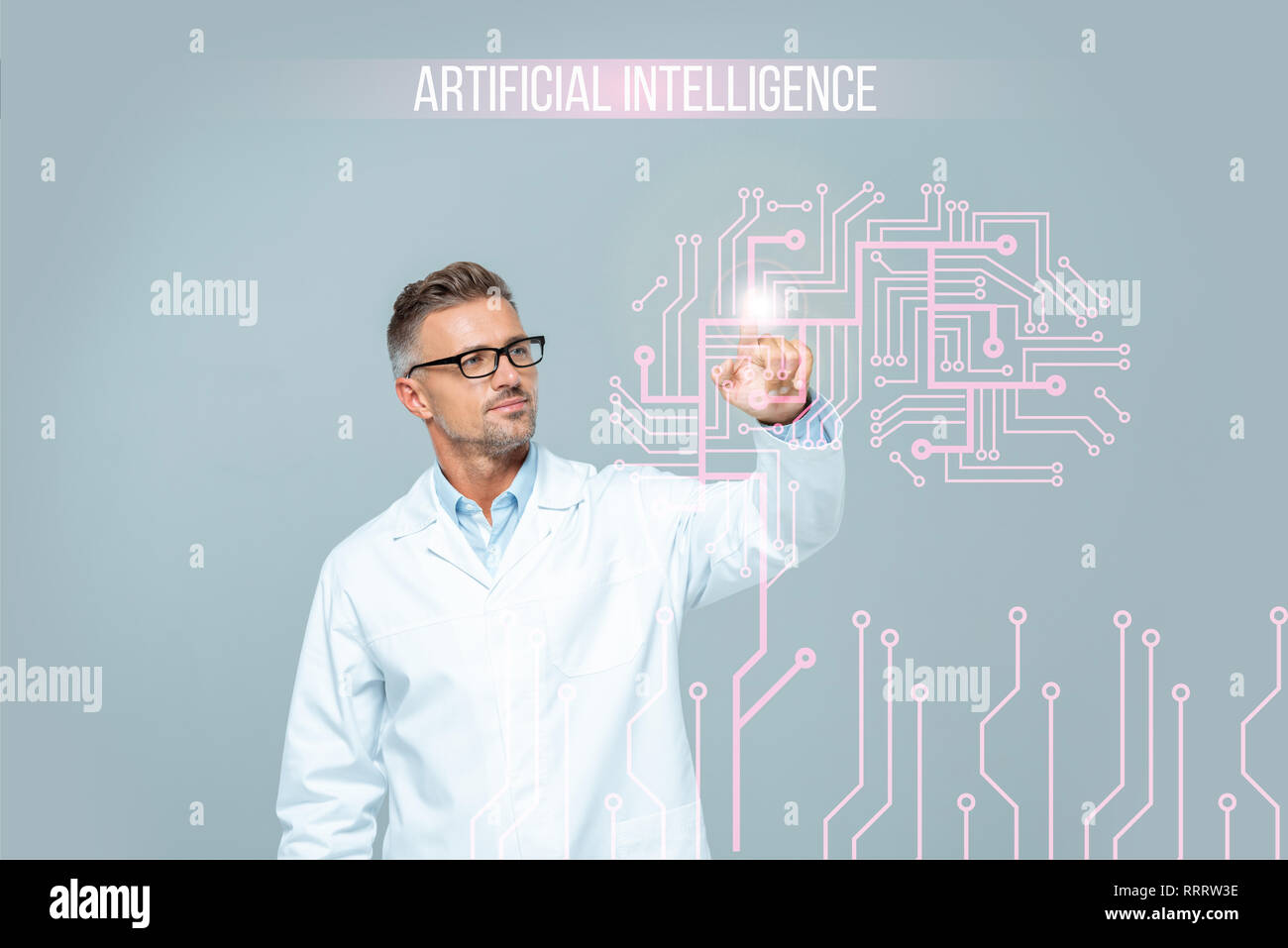 handsome scientist in white coat touching brain interface in air ...