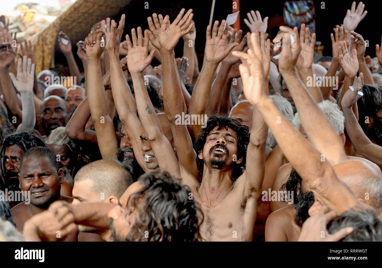 Hindu holy men rejoice after a prayer session. Photograph: Sondeep ...