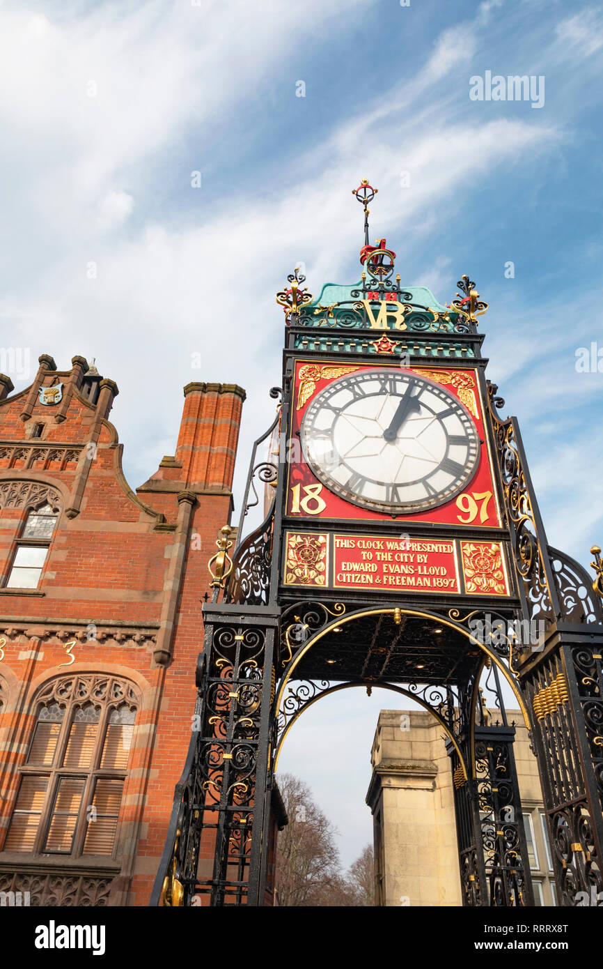 Chester, England - February 23, 2019: view of the iconic clock tower of ...