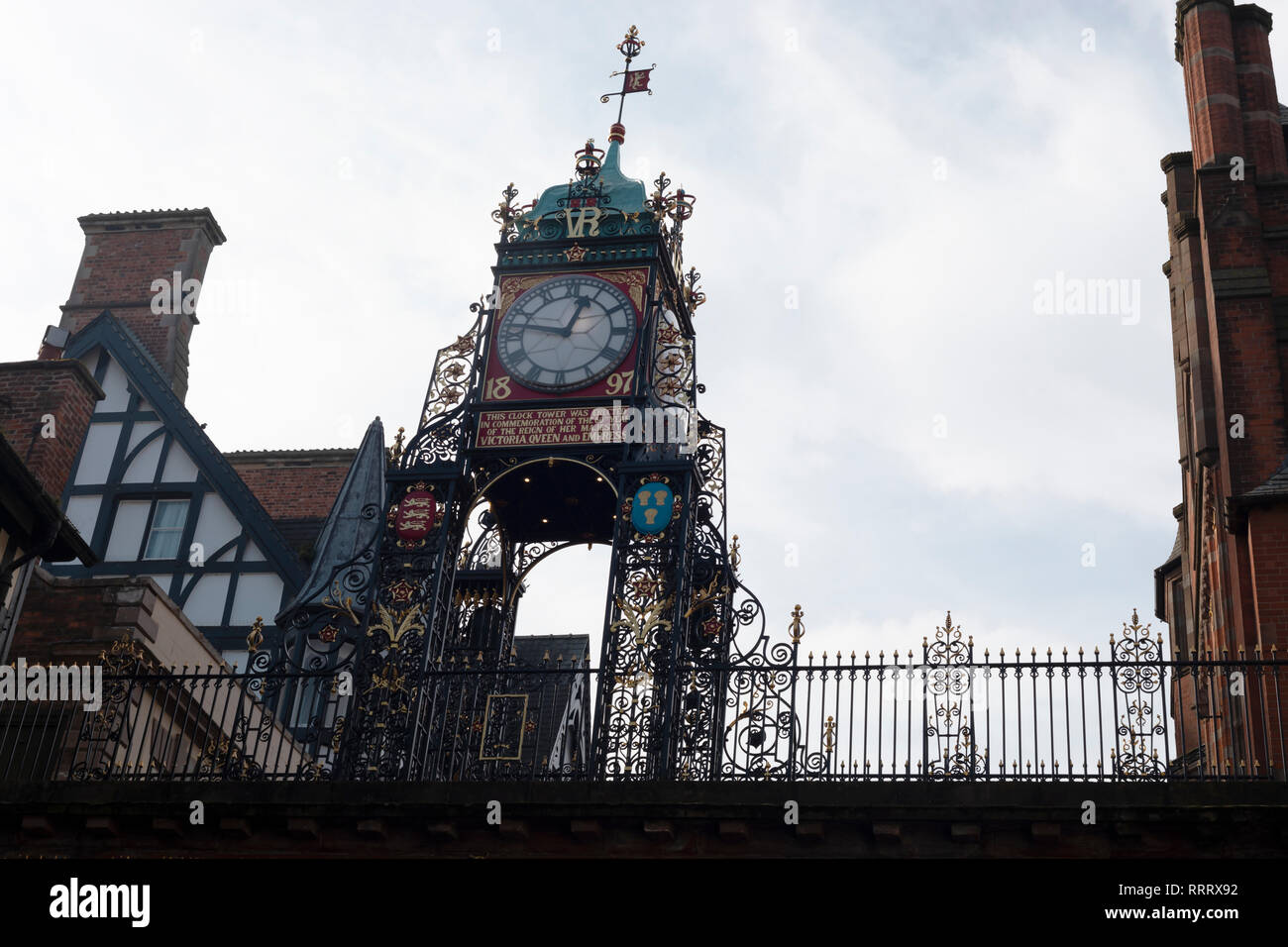Chester, England - February 23, 2019: view of the iconic clock tower of ...